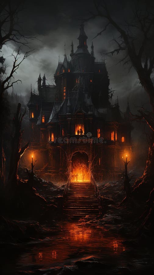 A Dark Castle at Night Full of Dead Trees and Scary Generative AI Stock ...