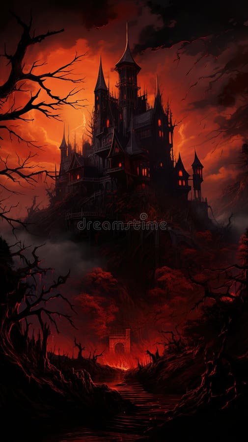 A Dark Castle at Night Full of Dead Trees and Scary Generative AI Stock ...