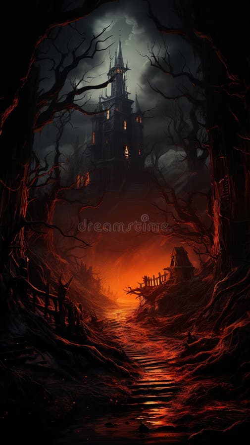 A Dark Castle at Night Full of Dead Trees and Scary Generative AI Stock ...