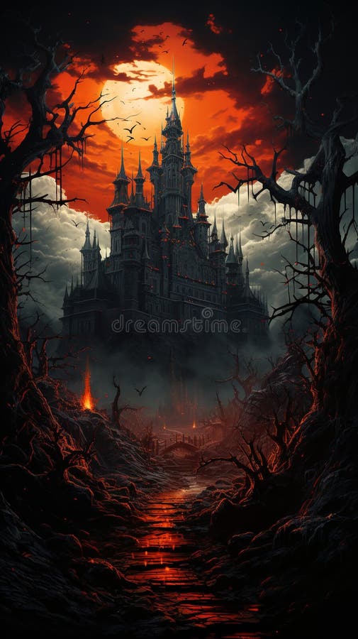 A Dark Castle at Night Full of Dead Trees and Scary Generative AI Stock ...