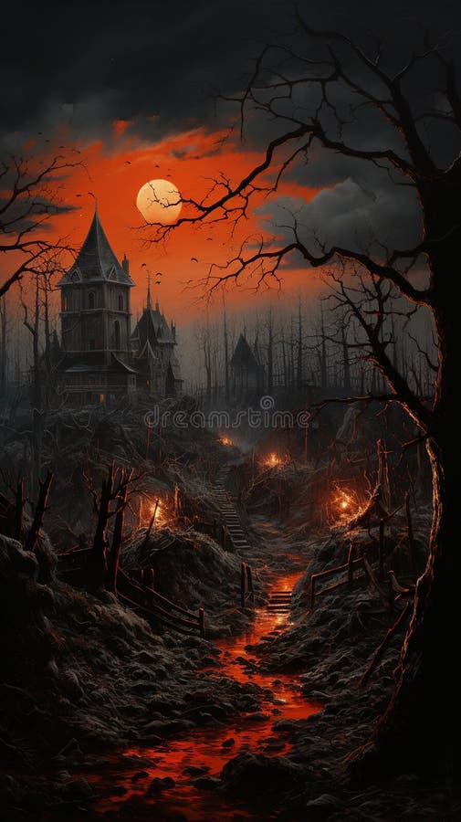 A Dark Castle at Night Full of Dead Trees and Scary Generative AI Stock ...