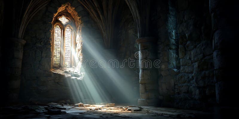 Dark Cathedral Interior Light Beams through Gothic Window Dramatic ...