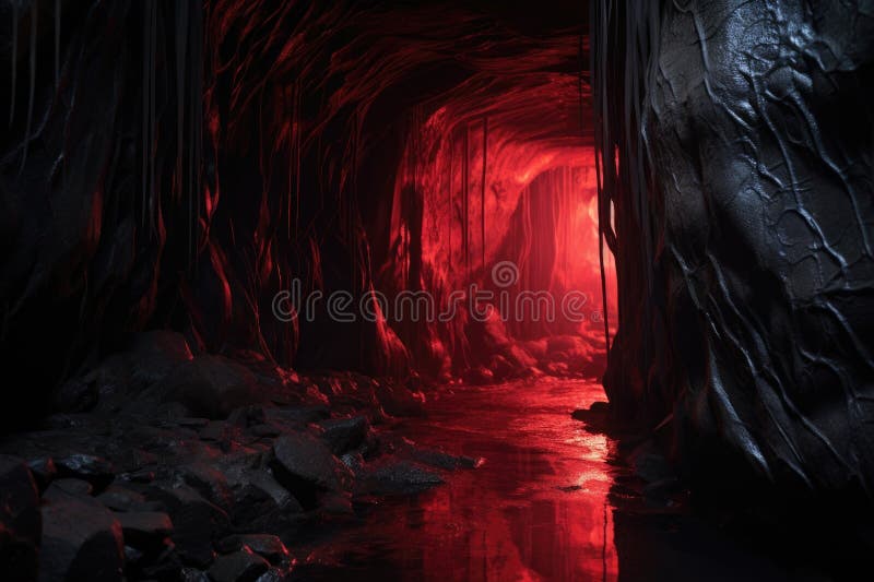 Dark Cave Entrance with Glowing Red Light Inside Stock Illustration ...