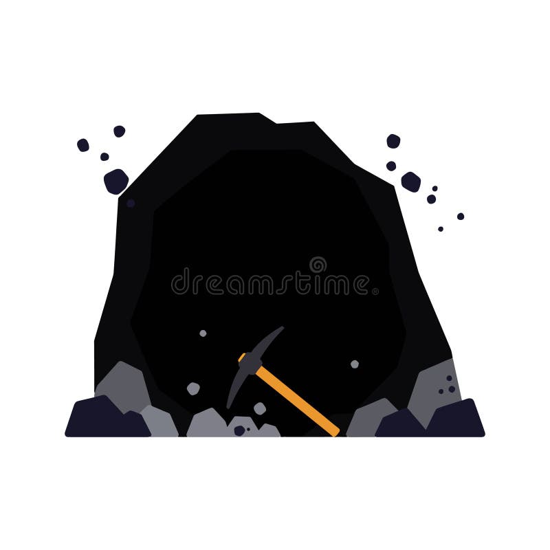 Dark Cave Entrance with a Mining Pickaxe in a Flat Vector Illustration ...