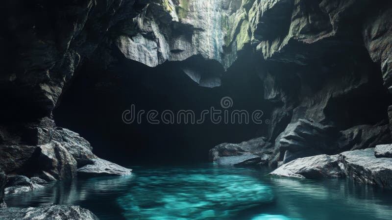 Dark Cave Entrance with Teal Water Pool Stock Illustration ...