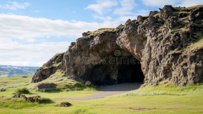 Dark Cave Entrance in Volcanic Rock Formation Stock Illustration ...