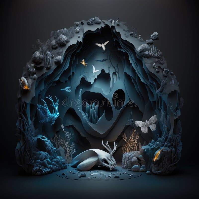 Dark Cave Filled with Mysterious Creatures Podium, Empty Showcase for ...