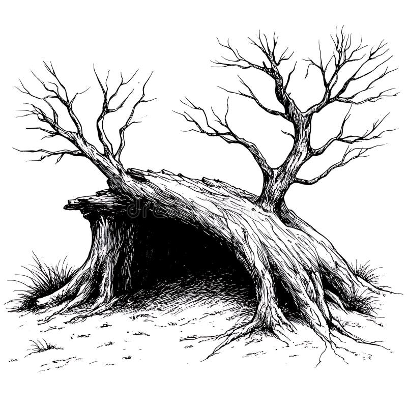 A Dark Cave Formed Under a Large, Fallen Tree Trunk with Two Barren ...