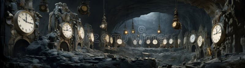 Dark Cave Full of Vintage Clocks on the Stone Walls. Stock Illustration ...