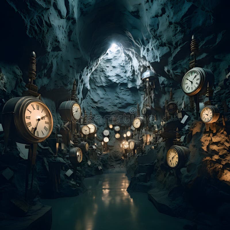 Dark Cave Full of Vintage Clocks on the Stone Walls. Stock Illustration ...