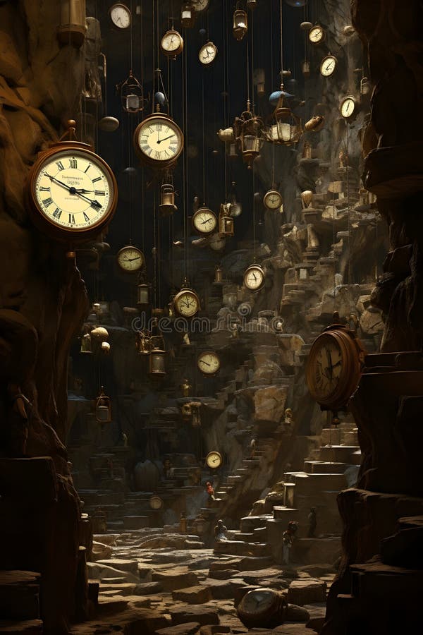 Dark Cave Full of Vintage Clocks on the Stone Walls. Stock Illustration ...