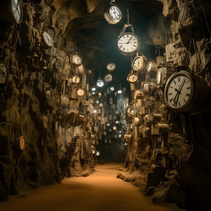 Dark Cave Full of Vintage Clocks on the Stone Walls. Stock Illustration ...