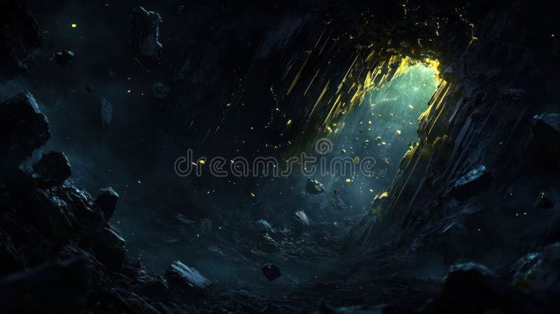 A Dark Cave with a Glowing Entrance, Surrounded by Floating Rocks and ...