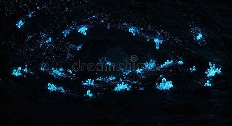 A Dark Cave Illuminated by Bioluminescent Formations, Emitting a Bright ...