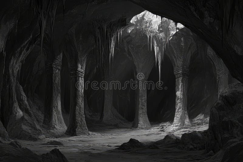 Dark Cave with Stone Pillars Stock Illustration - Illustration of ...