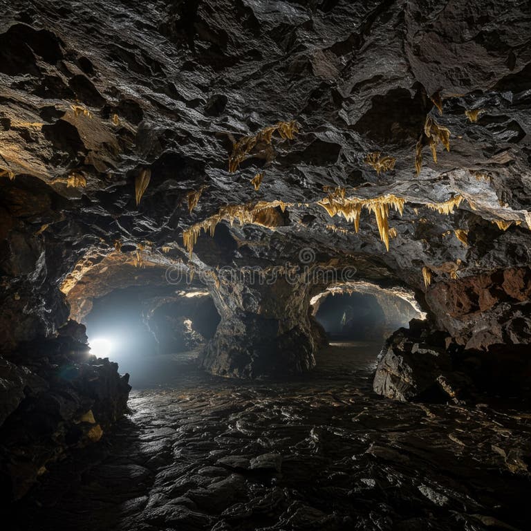 Dark Cave Interior with Golden Rock Formations Stock Illustration ...