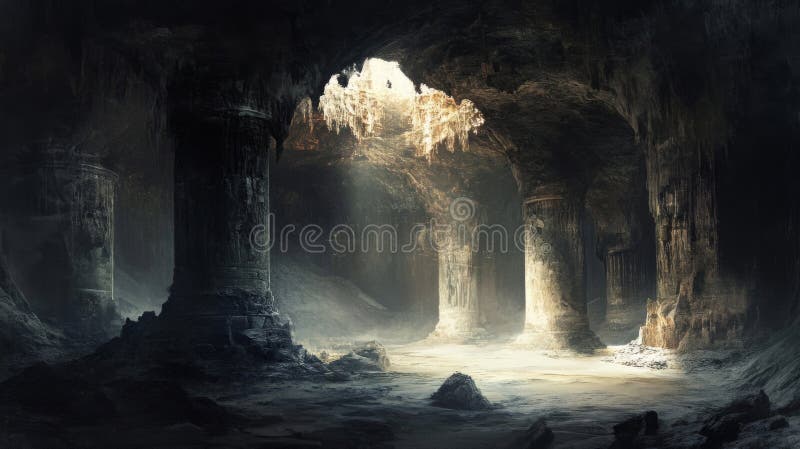 Dark Cave Interior with Stone Pillars and Light Beams Stock ...