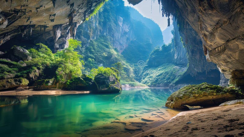 A Dark Cave Interior with Stunning Stalactites and Stalagmites ...