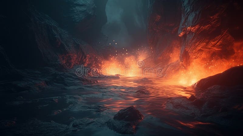 A Dark Cave with Lava and Bright Flames Coming Out of it Stock ...