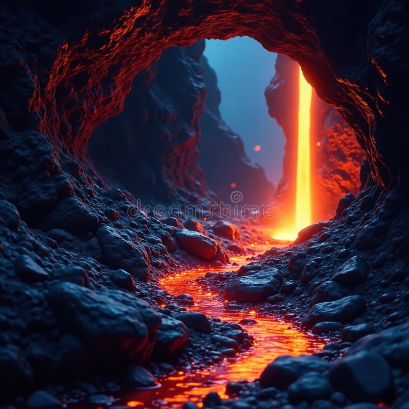Dark Cave with Lava Flowing Over Broken Rocks, Rocky, Rock, Lava Stock ...