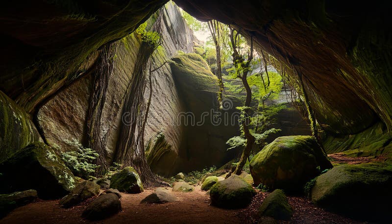 Dark Cave Opening Reveals Vibrant Greenery and Ancient Rock Formations ...
