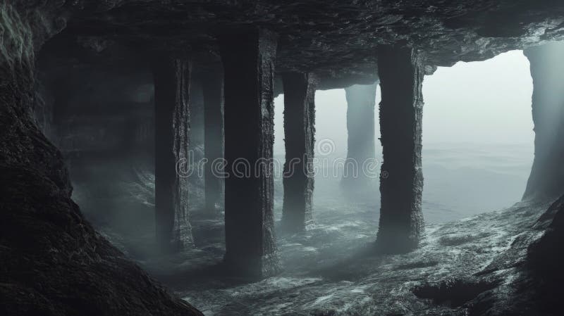 Dark Cave with Stone Columns and Foggy Atmosphere Stock Illustration ...