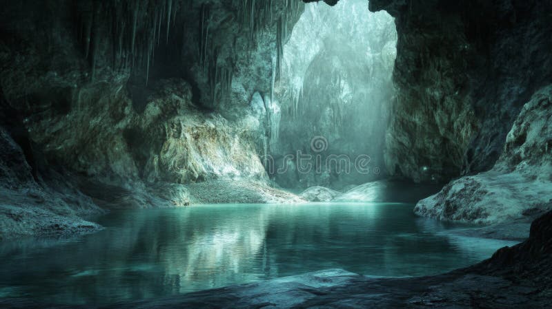 Dark Cave with Teal Water and Rock Formations Stock Illustration ...