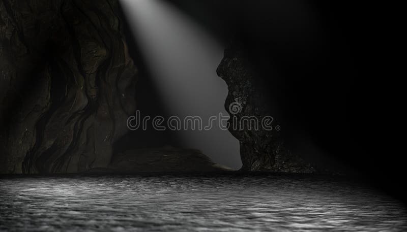 Dark Cave with Textured Rock Walls and Floor Illuminated by Beam of ...