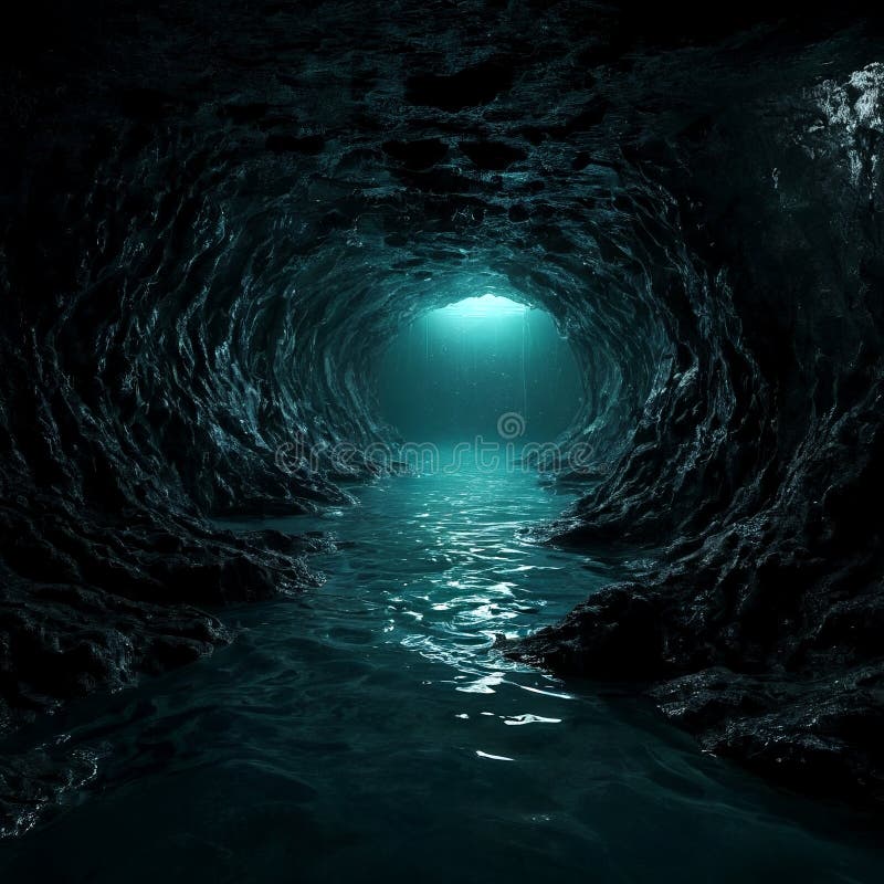 Dark Cave Tunnel with Waterway Stock Illustration - Illustration of ...