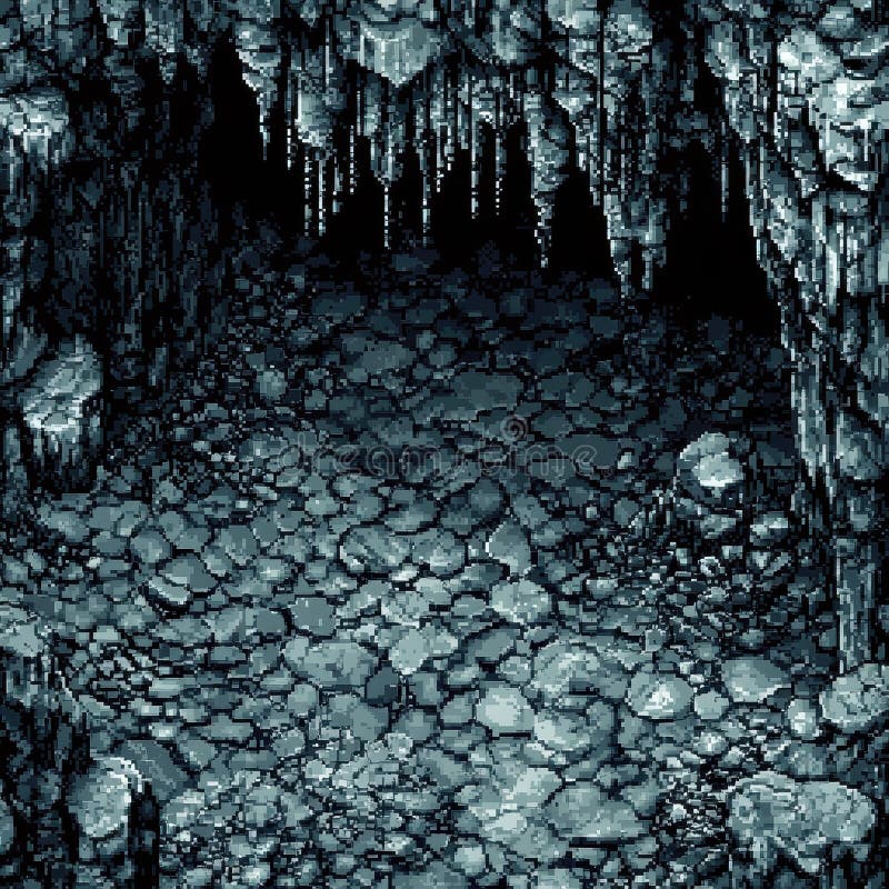Dark Cavern with Stone Walls and Stalactites in a Pixel Art Style ...