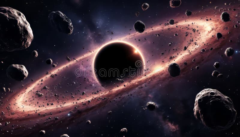 A Dark Celestial Body Surrounded by a Glowing Ring and Scattered ...