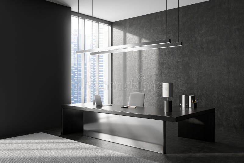 Office Interior with Table and Computer, Tools and Panoramic Window ...