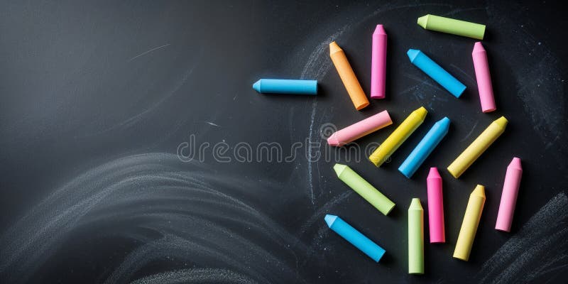 Dark Chalkboard Texture with Colorful Chalks. Stock Image - Image of ...