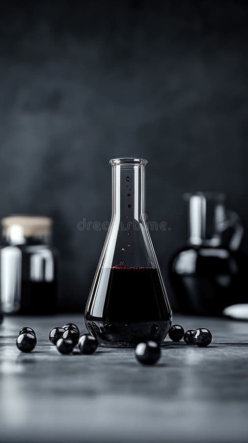 Dark Chemistry: Black Liquid in Erlenmeyer Flask with Black Berries in ...