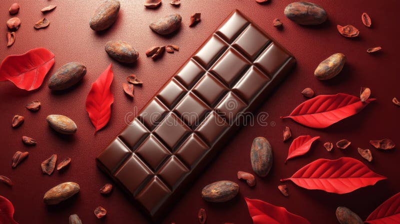Dark Chocolate Bar with Cocoa Beans and Red Leaves Stock Illustration ...