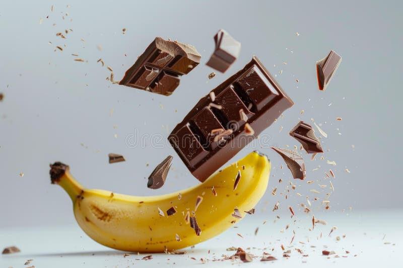 Dark Chocolate Bar Exploding Over Yellow Banana Stock Photo - Image of ...