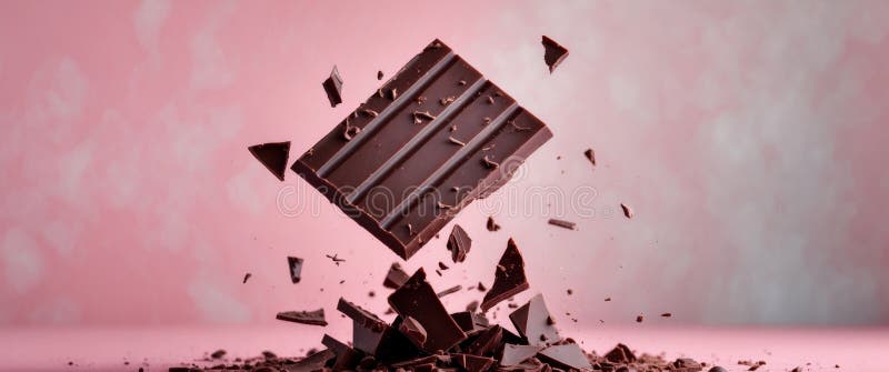Dark Chocolate Bar Falling and Shattering on Pink Background Stock ...