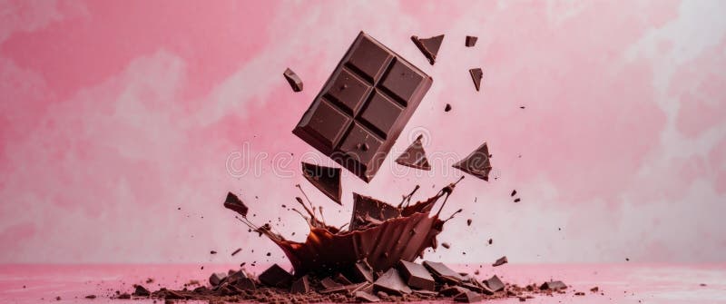 Dark Chocolate Bar Falling and Shattering on Pink Background. Stock ...
