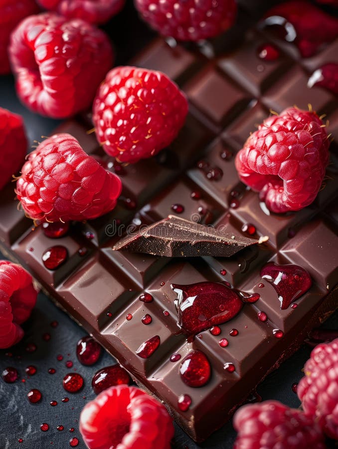 Dark Chocolate Bar with Fresh Raspberries and Syrup Drizzle. Stock ...