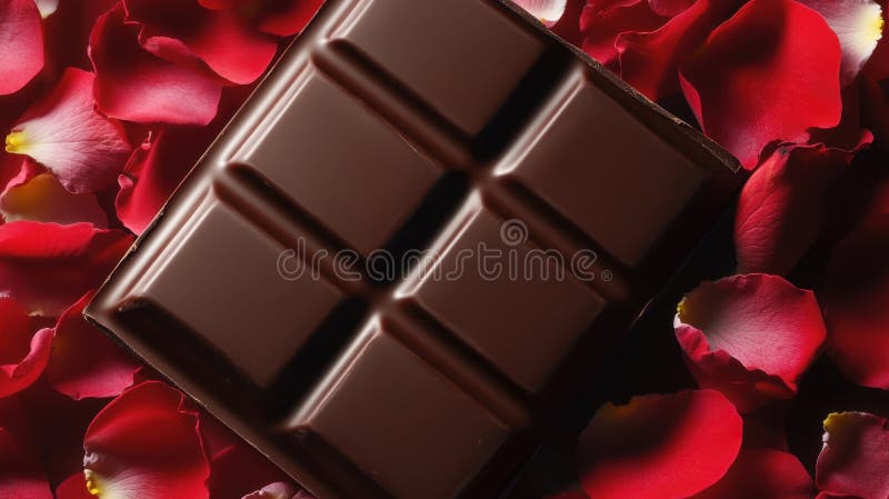 Dark Chocolate Bar Surrounded by Scattered Rose Petals Stock Photo ...