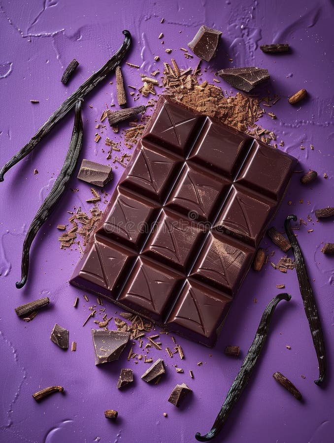 Dark Chocolate Bar with Vanilla Beans and Chunks on a Purple Background ...