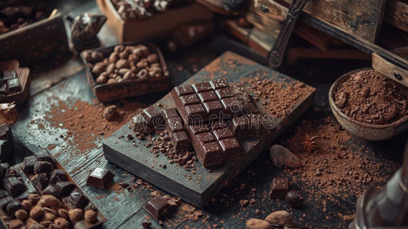 Dark Chocolate Bars and Cocoa Powder on Rustic Wooden Table Stock Image ...