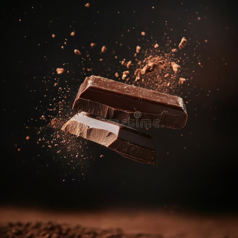 Dark Chocolate Breaks Apart with Powder Exploding Surrounding it in Mid ...