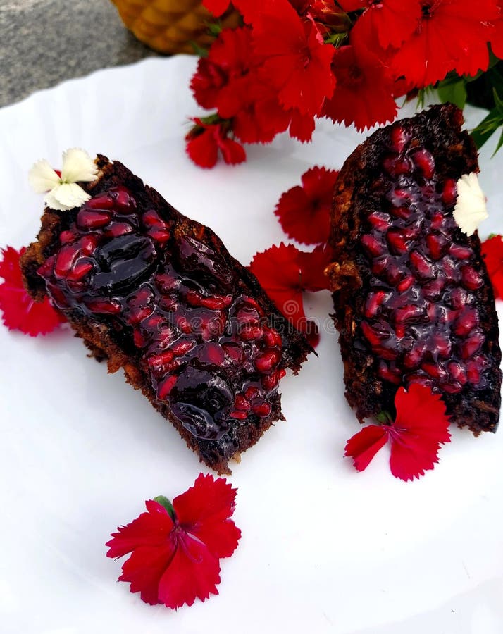 Dark Chocolate Cake with Pomegranate Compote Stock Image - Image of ...