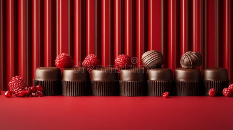 Dark Chocolate Candies and Raspberries on Red Background Stock ...
