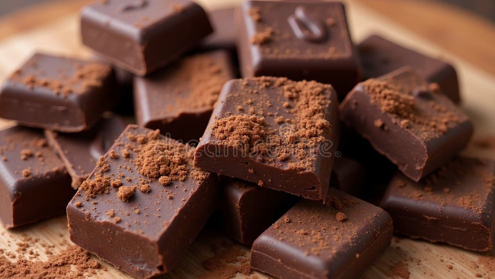 Dark Chocolate Chunks with Cocoa Powder Dusting Stacked Closeup Stock ...