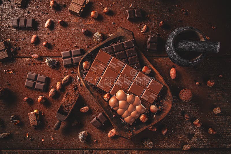 Dark chocolate chunks stock image. Image of powder, brown - 182811147