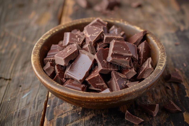 Dark Chocolate Chunks in Wooden Bowl Stock Photo - Image of dark ...