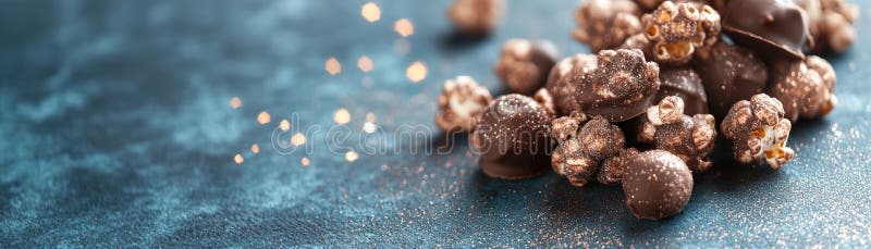 Dark Chocolate-coated Popcorn is Artfully Arranged on a Textured Blue ...