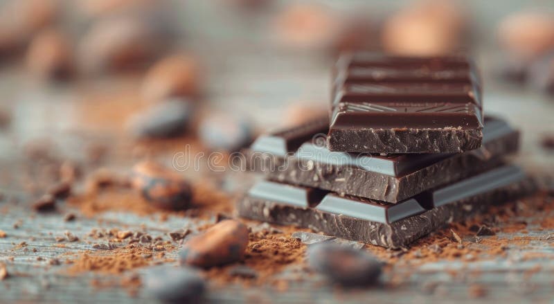 Dark Chocolate, Cocoa Powder, and Coffee Beans on Rustic Surface Stock ...